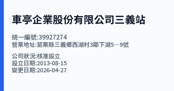 車亭企業股份有限公司三義站的照片-統編 39927274(苗栗縣) 公司登記資料與營業項目詳細圖表