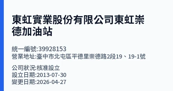東虹實業股份有限公司東虹崇德加油站的照片-統編 39928153(臺中市) 公司登記資料與營業項目詳細圖表