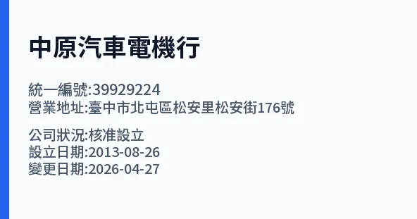 中原汽車電機行的照片-統編 39929224(臺中市) 公司登記資料與營業項目詳細圖表