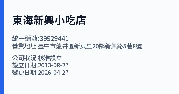 東海新興小吃店的照片-統編 39929441(臺中市) 公司登記資料與營業項目詳細圖表