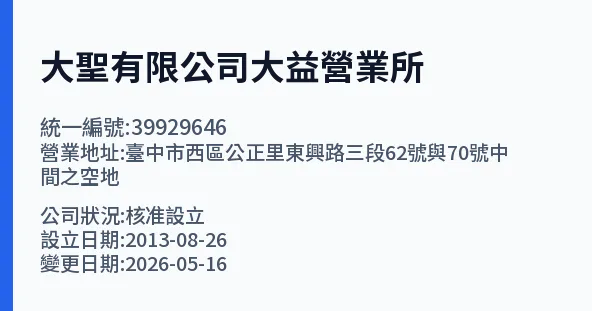 大聖有限公司大益營業所的照片-統編 39929646(臺中市) 公司登記資料與營業項目詳細圖表