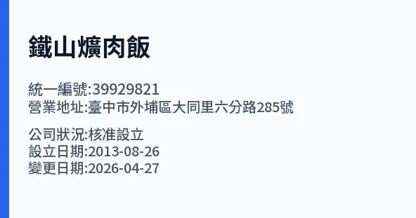 鐵山爌肉飯的照片-統編 39929821(臺中市) 公司登記資料與營業項目詳細圖表