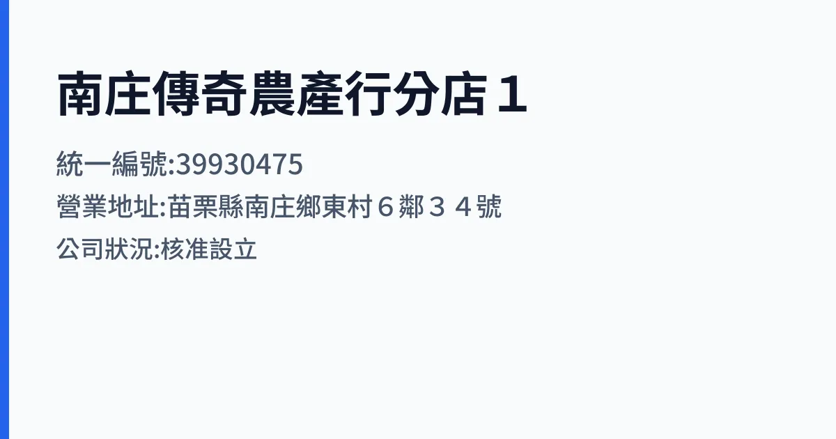 南庄傳奇農產行分店１ - 統編 39930475(苗栗縣) 公司登記資料與營業項目詳細圖表