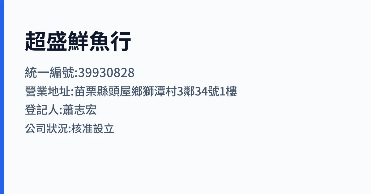 超盛鮮魚行 - 統編 39930828(苗栗縣) 公司登記資料與營業項目詳細圖表