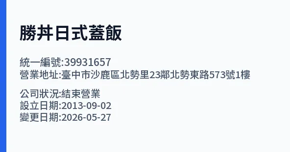 勝丼日式蓋飯的照片-統編 39931657(臺中市) 公司登記資料與營業項目詳細圖表
