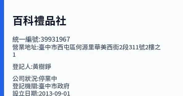 百科禮品社的照片-統編 39931967(臺中市) 公司登記資料與營業項目詳細圖表