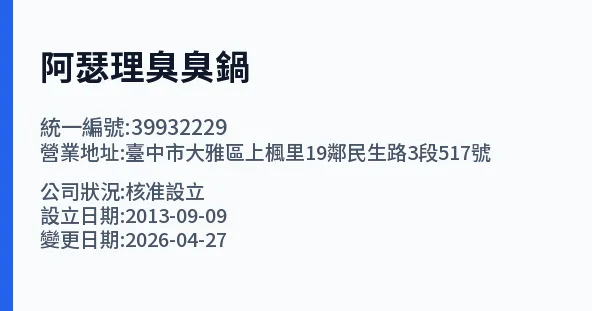 阿瑟理臭臭鍋的照片-統編 39932229(臺中市) 公司登記資料與營業項目詳細圖表