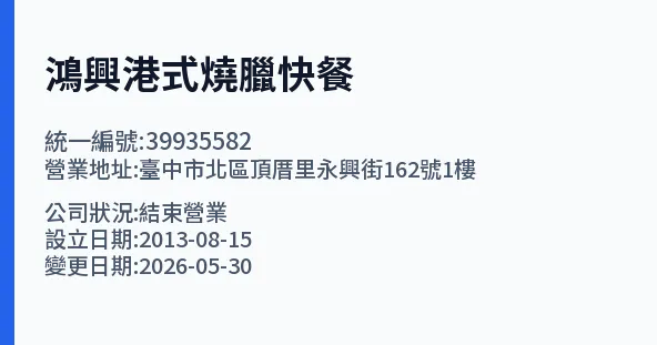 鴻興港式燒臘快餐的照片-統編 39935582(臺中市) 公司登記資料與營業項目詳細圖表
