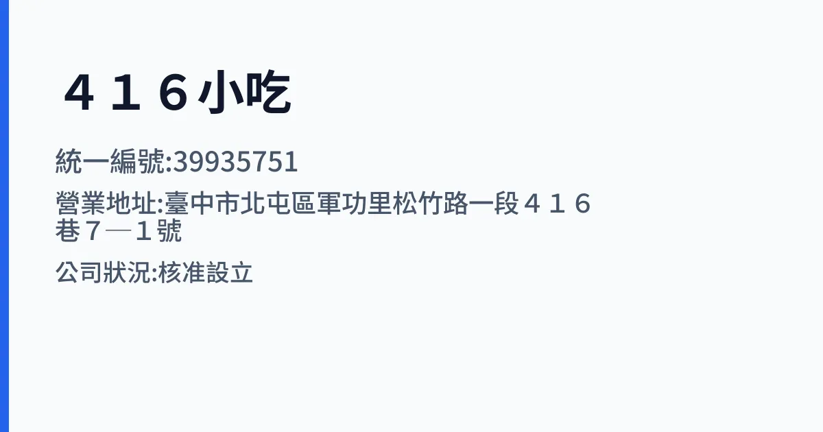 416小吃 - 統編 39935751(臺中市) 公司登記資料與營業項目詳細圖表