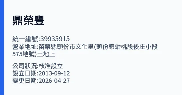 鼎榮豐的照片-統編 39935915(苗栗縣) 公司登記資料與營業項目詳細圖表