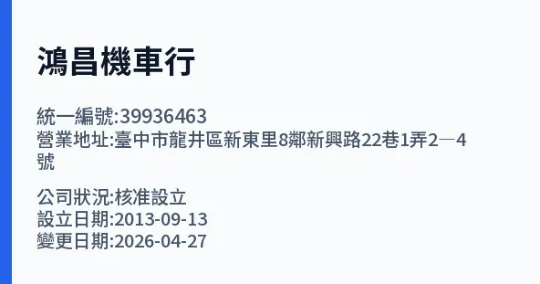 鴻昌機車行的照片-統編 39936463(臺中市) 公司登記資料與營業項目詳細圖表