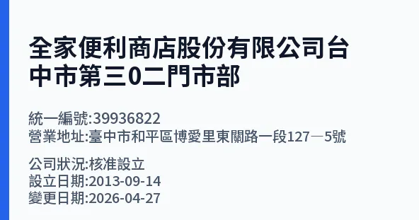 全家便利商店股份有限公司台中市第三0二門市部的照片-統編 39936822(臺中市) 公司登記資料與營業項目詳細圖表