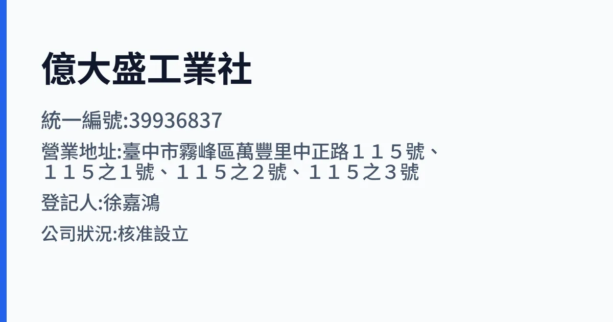 億大盛工業社 - 統編 39936837(臺中市) 公司登記資料與營業項目詳細圖表