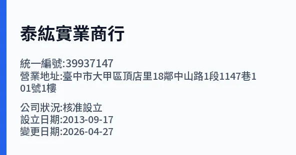 泰紘實業商行的照片-統編 39937147(臺中市) 公司登記資料與營業項目詳細圖表