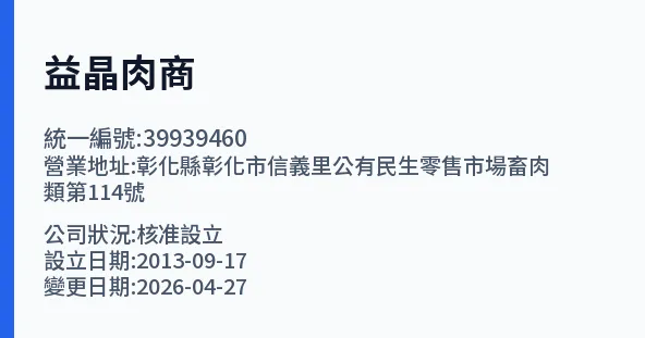 益晶肉商的照片-統編 39939460(彰化縣) 公司登記資料與營業項目詳細圖表