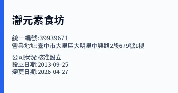 瀞元素食坊的照片-統編 39939671(臺中市) 公司登記資料與營業項目詳細圖表