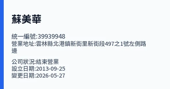 蘇美華的照片-統編 39939948(雲林縣) 公司登記資料與營業項目詳細圖表