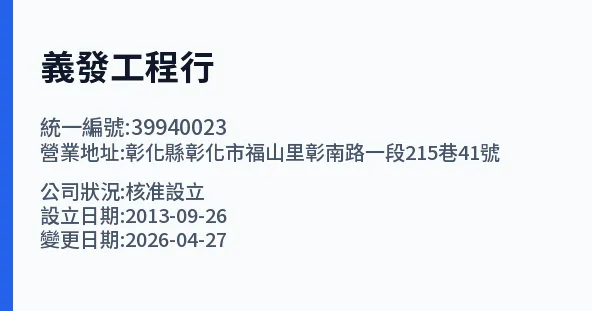 義發工程行的照片-統編 39940023(彰化縣) 公司登記資料與營業項目詳細圖表