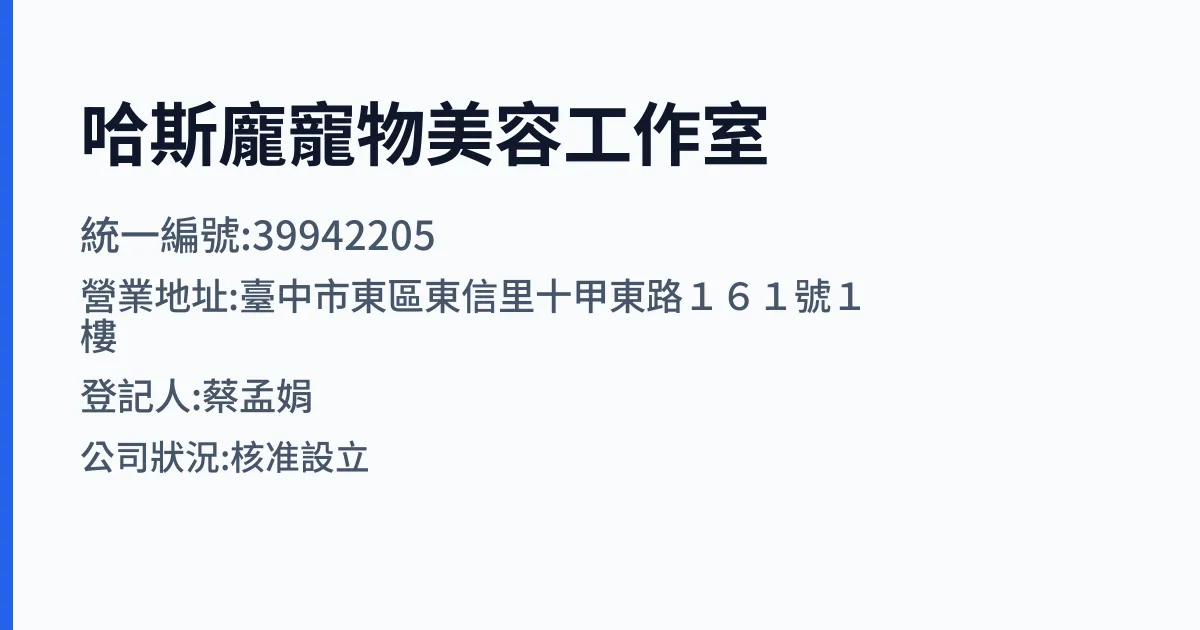 哈斯龐寵物美容工作室 - 統編 39942205(臺中市) 公司登記資料與營業項目詳細圖表