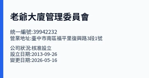 老爺大廈管理委員會的照片-統編 39942232(臺中市) 公司登記資料與營業項目詳細圖表