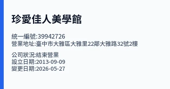 珍愛佳人美學館的照片-統編 39942726(臺中市) 公司登記資料與營業項目詳細圖表