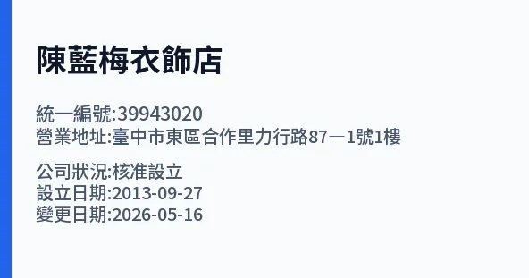 陳藍梅衣飾店的照片-統編 39943020(臺中市) 公司登記資料與營業項目詳細圖表