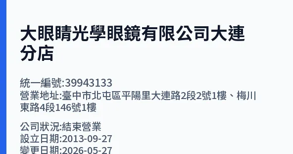 大眼睛光學眼鏡有限公司大連分店的照片-統編 39943133(臺中市) 公司登記資料與營業項目詳細圖表