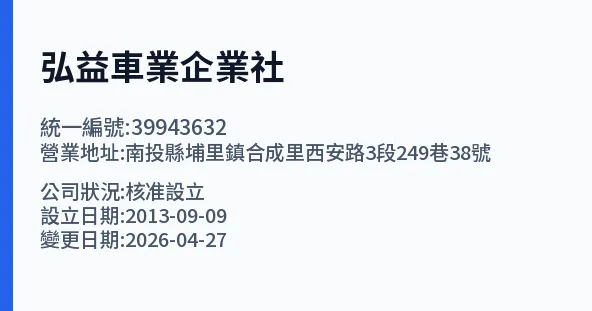 弘益車業企業社的照片-統編 39943632(南投縣) 公司登記資料與營業項目詳細圖表
