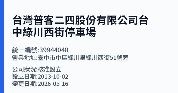 台灣普客二四股份有限公司台中綠川西街停車場的照片-統編 39944040(臺中市) 公司登記資料與營業項目詳細圖表