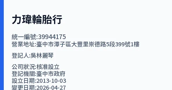 力瑋輪胎行的照片-統編 39944175(臺中市) 公司登記資料與營業項目詳細圖表