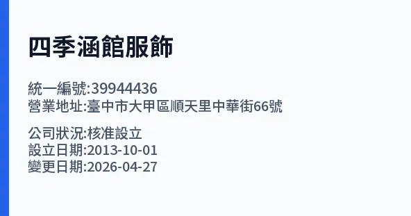 四季涵館服飾的照片-統編 39944436(臺中市) 公司登記資料與營業項目詳細圖表