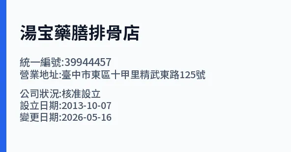 湯宝藥膳排骨店的照片-統編 39944457(臺中市) 公司登記資料與營業項目詳細圖表