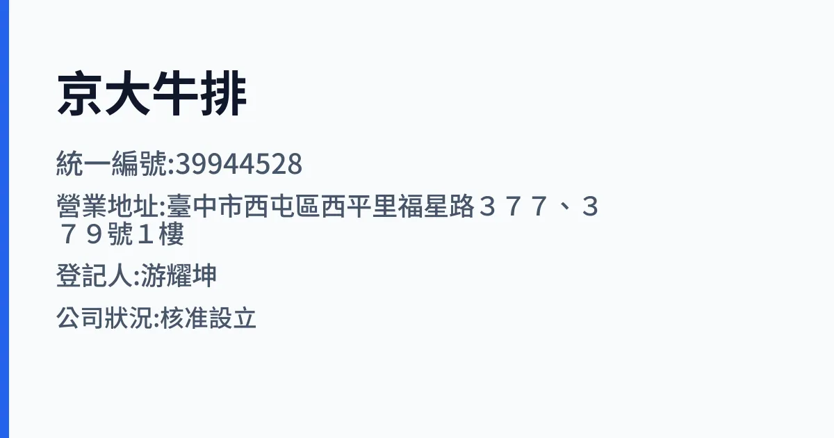 京大牛排 - 統編 39944528(臺中市) 公司登記資料與營業項目詳細圖表