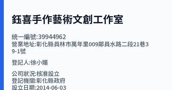 鈺喜手作藝術文創工作室的照片-統編 39944962(彰化縣) 公司登記資料與營業項目詳細圖表