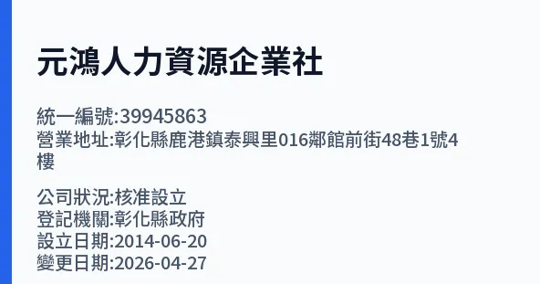元鴻人力資源企業社的照片-統編 39945863(彰化縣) 公司登記資料與營業項目詳細圖表