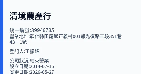 清境農產行的照片-統編 39946785(彰化縣) 公司登記資料與營業項目詳細圖表