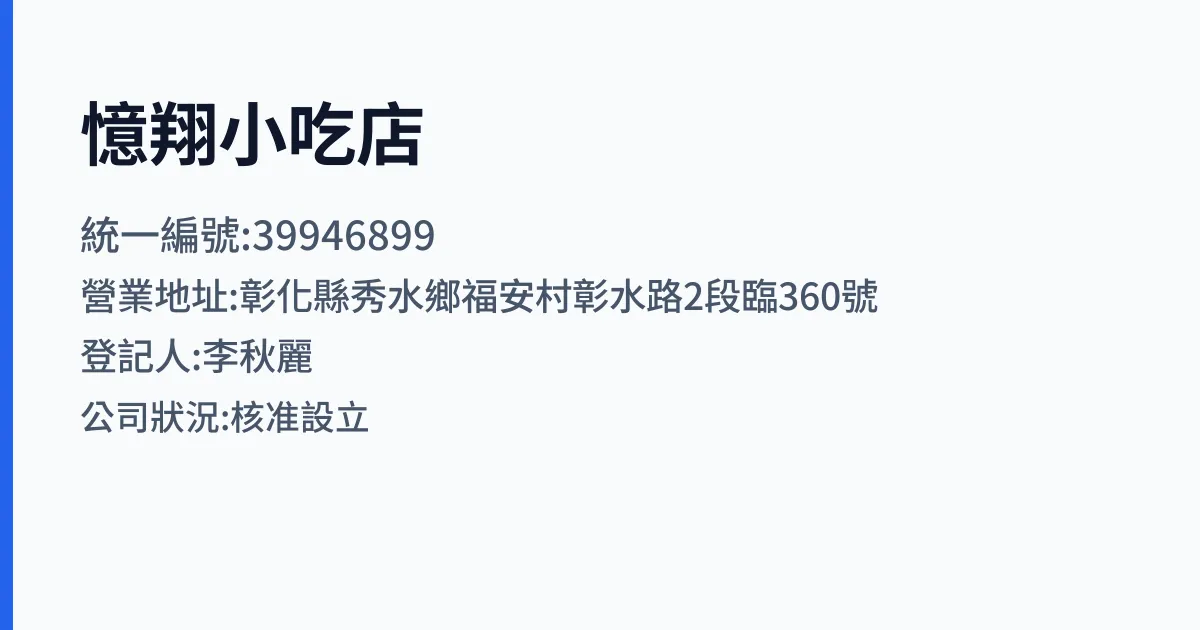 憶翔小吃店 - 統編 39946899(彰化縣) 公司登記資料與營業項目詳細圖表