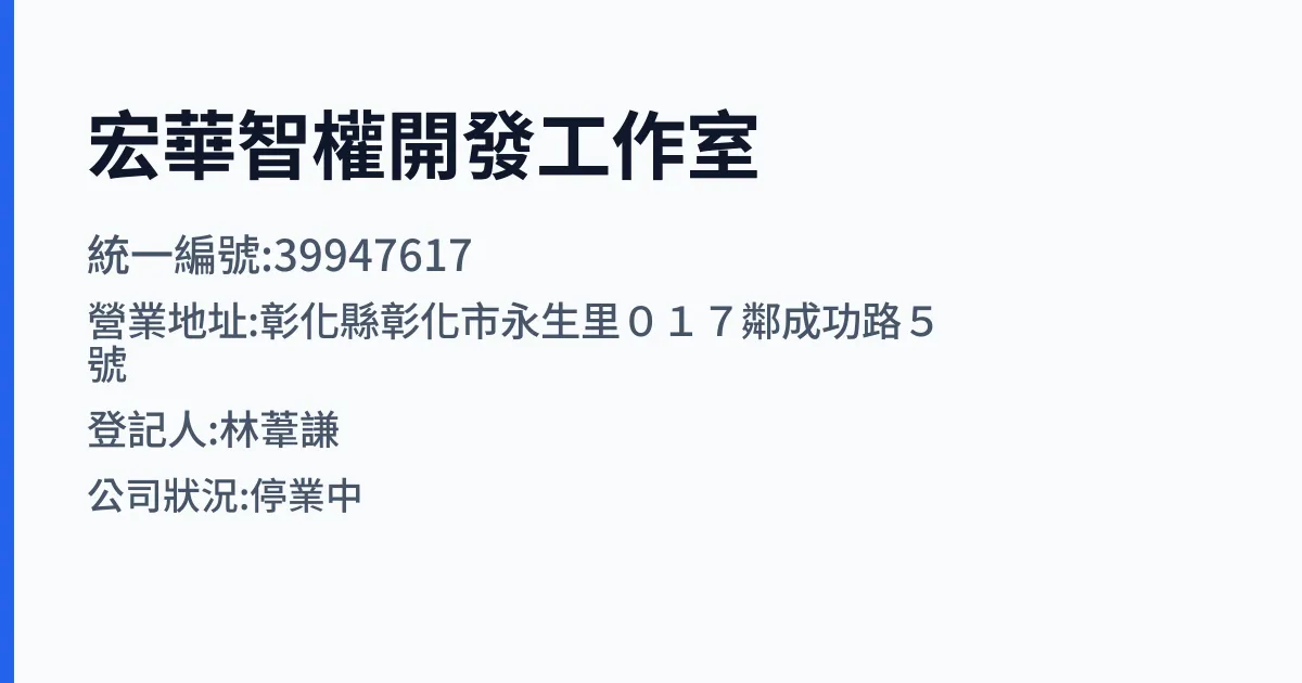 宏華智權開發工作室 - 統編 39947617(彰化縣) 公司登記資料與營業項目詳細圖表