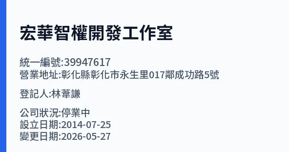 宏華智權開發工作室的照片-統編 39947617(彰化縣) 公司登記資料與營業項目詳細圖表