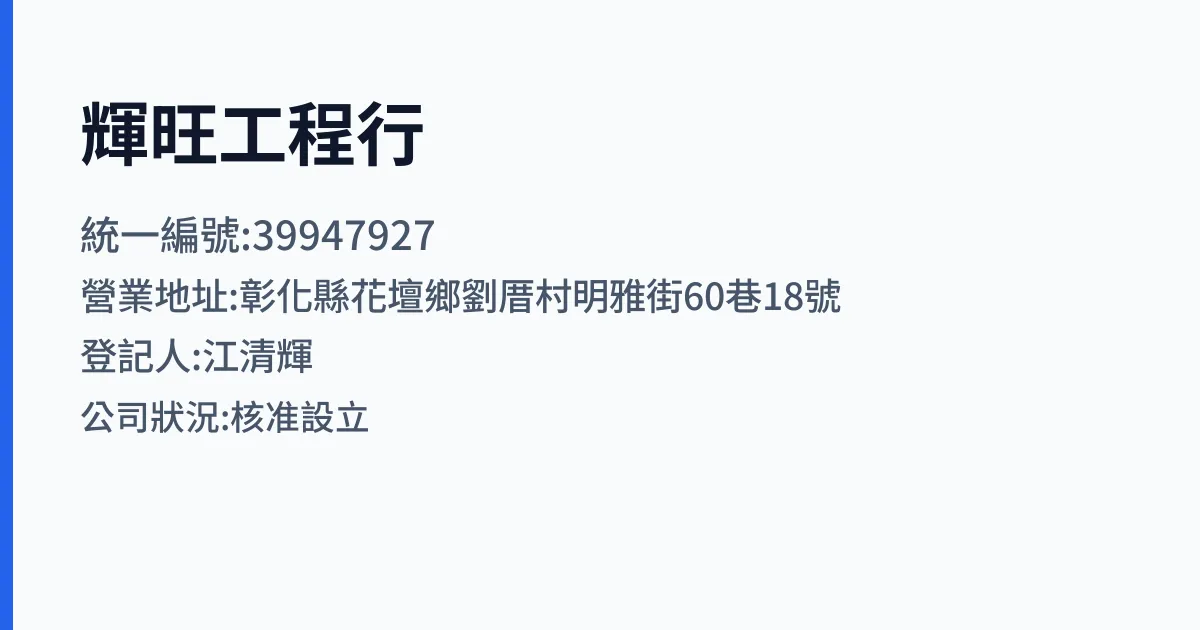 輝旺工程行 - 統編 39947927(彰化縣) 公司登記資料與營業項目詳細圖表