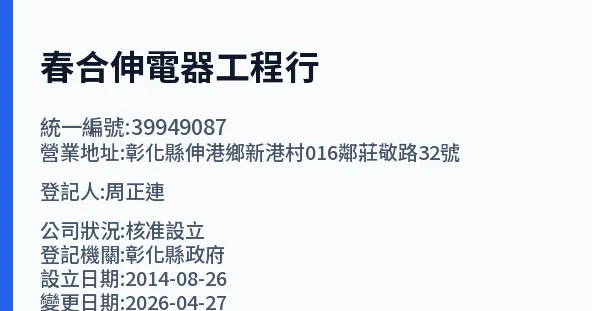 春合伸電器工程行的照片-統編 39949087(彰化縣) 公司登記資料與營業項目詳細圖表