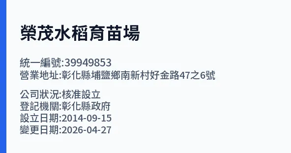 榮茂水稻育苗場的照片-統編 39949853(彰化縣) 公司登記資料與營業項目詳細圖表