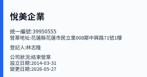 悅美企業的照片-統編 39950555(花蓮縣) 公司登記資料與營業項目詳細圖表