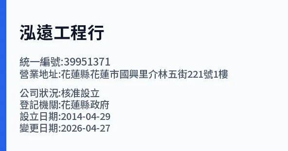 泓遠工程行的照片-統編 39951371(花蓮縣) 公司登記資料與營業項目詳細圖表