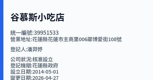 谷慕斯小吃店的照片-統編 39951533(花蓮縣) 公司登記資料與營業項目詳細圖表