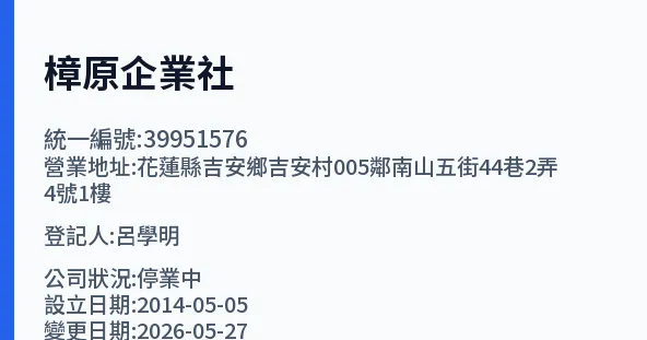 樟原企業社的照片-統編 39951576(花蓮縣) 公司登記資料與營業項目詳細圖表