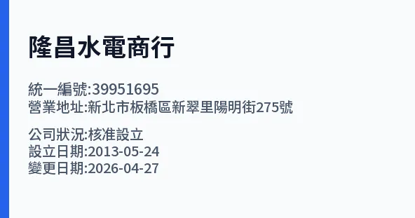 隆昌水電商行的照片-統編 39951695(新北市) 公司登記資料與營業項目詳細圖表