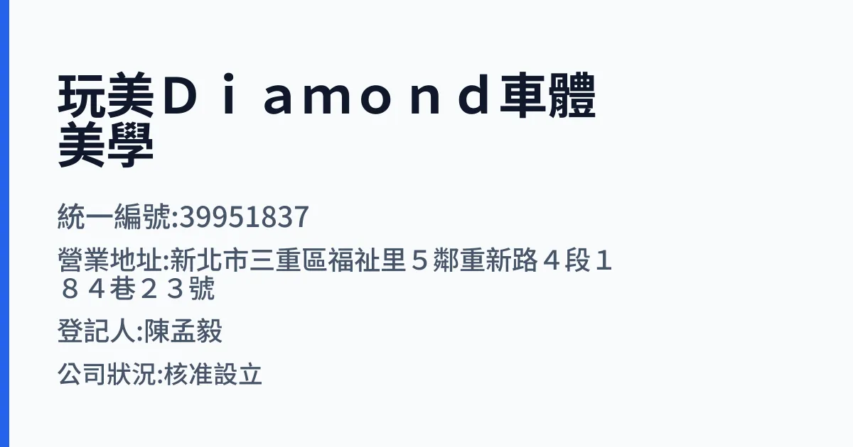 玩美Ｄｉａｍｏｎｄ車體美學 - 統編 39951837(新北市) 公司登記資料與營業項目詳細圖表