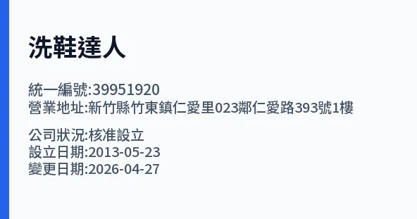 洗鞋達人的照片-統編 39951920(新竹縣) 公司登記資料與營業項目詳細圖表
