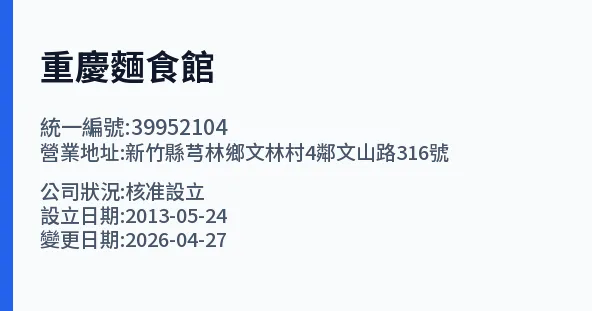 重慶麵食館的照片-統編 39952104(新竹縣) 公司登記資料與營業項目詳細圖表